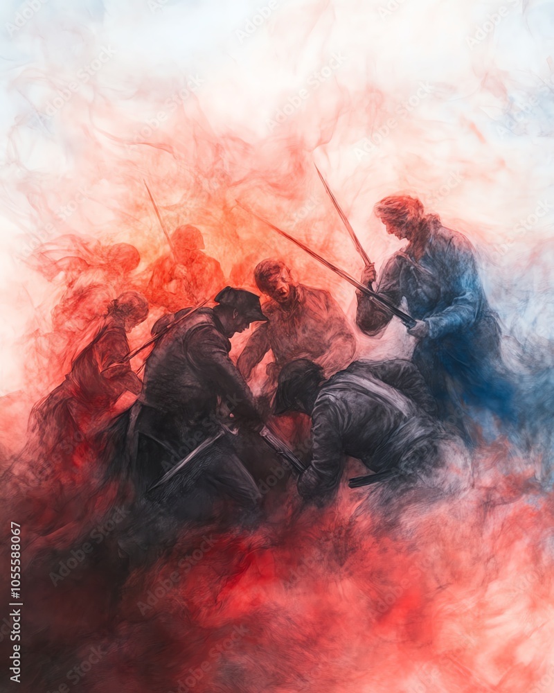 Watercolor painting depicting a conflict between two opposing forces ...