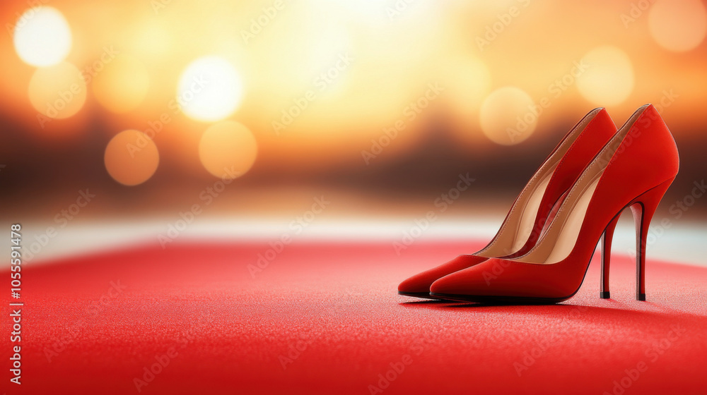 Elegant red high heels on vibrant red surface with warm bokeh ...