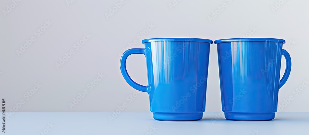 Blue plastic cups with dual handles displayed against a white backdrop ...