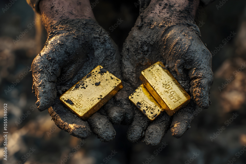 The muddy and dirty hands of a gold digger found a gold bar in a gold ...
