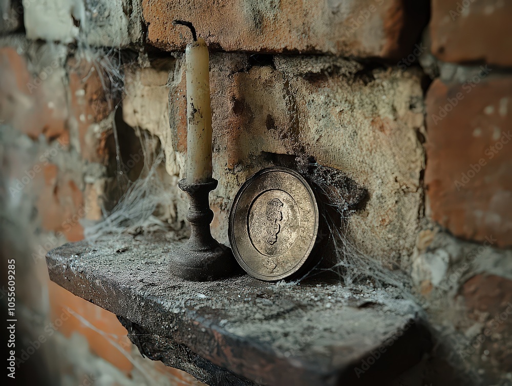 Broken brick wall section with a tarnished locket, blackened candle ...