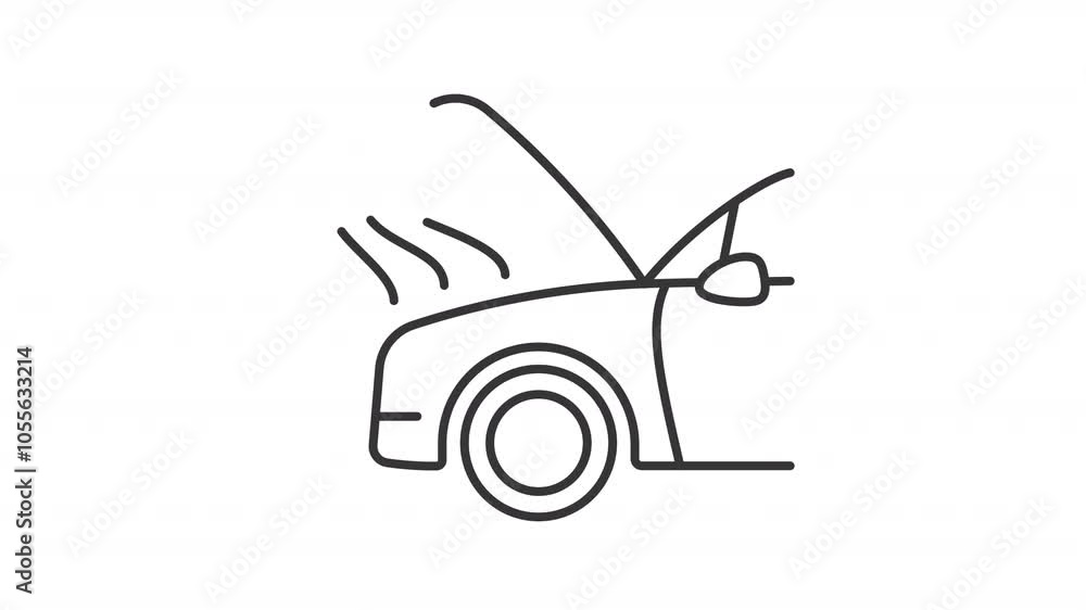 Engine trouble line animation. Animated car with its hood open and ...