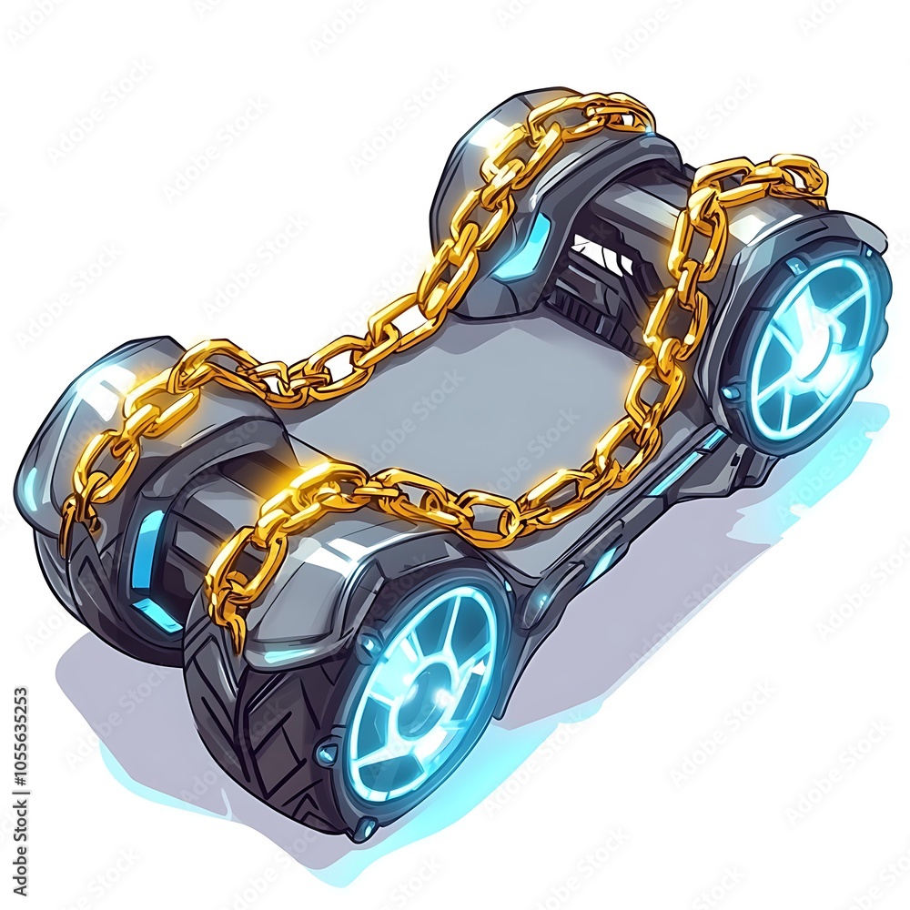 Cartoon futuristic hoverboard with gold chains and glowing lights on a ...