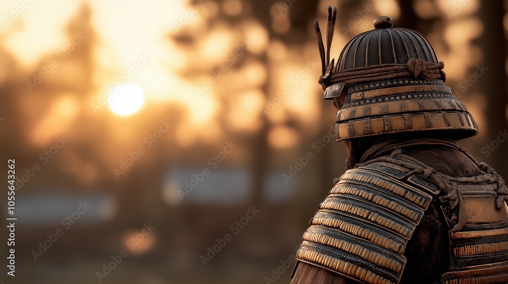 Samurai warrior in traditional armor facing sunset, detailed close-up ...