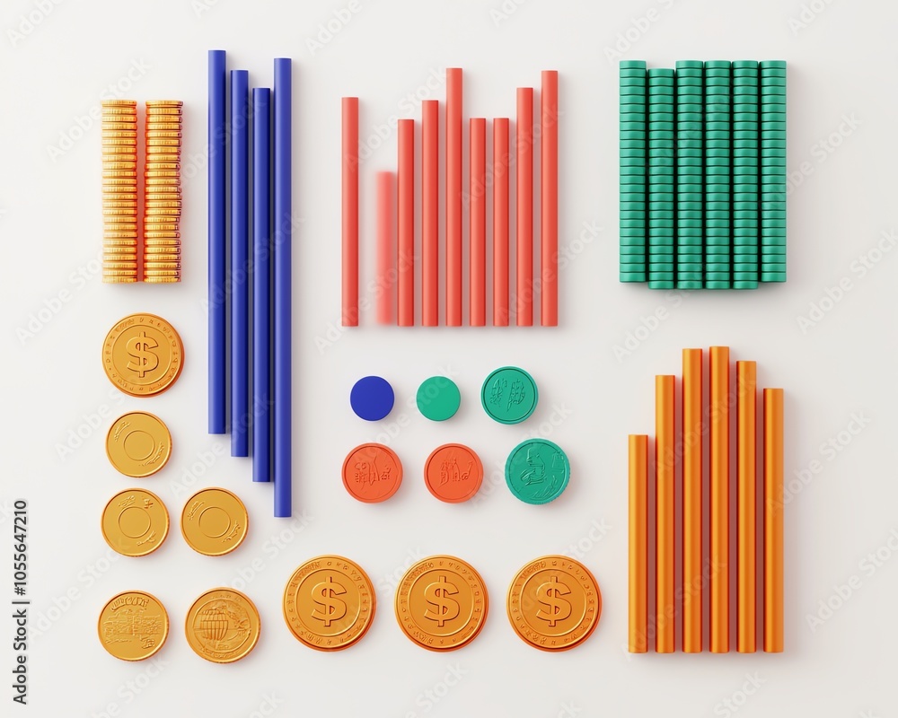 Colorful play money and counting tools arranged creatively, ideal for ...