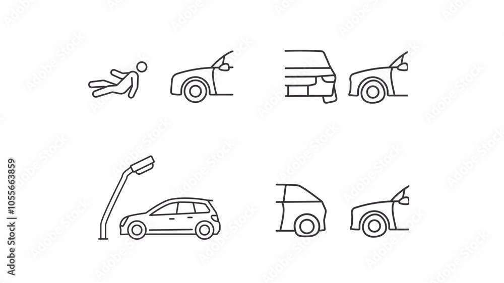 Accident types line animations. Animated car crash icons. Damaged ...