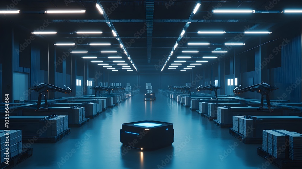 Autonomous Future: A futuristic warehouse illuminated by cool blue ...