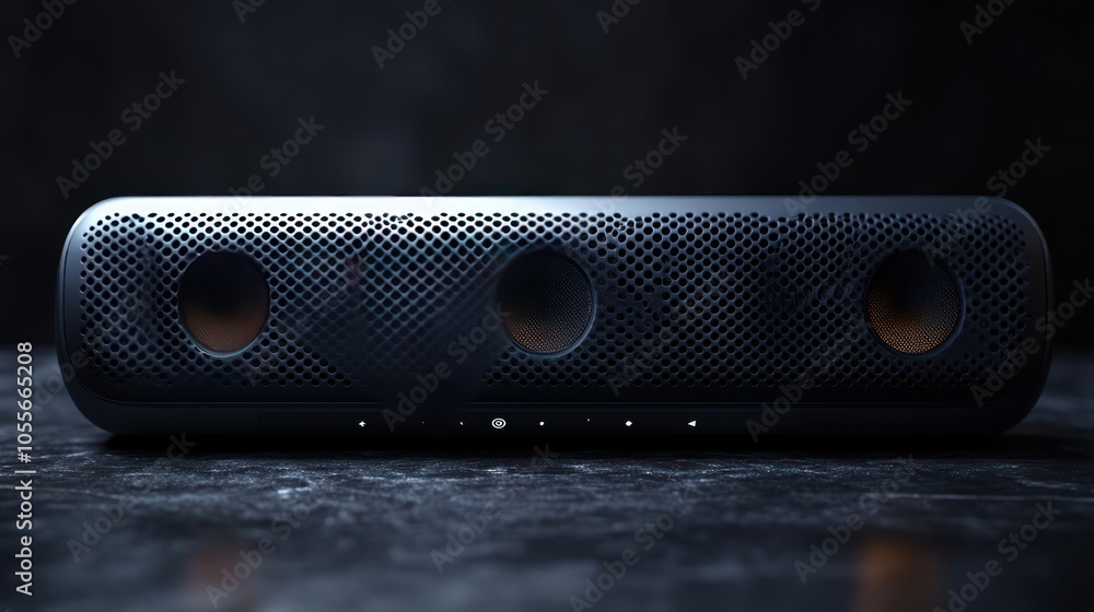 Realistic mockup of a compact soundbar with mesh speaker grille, ultra ...