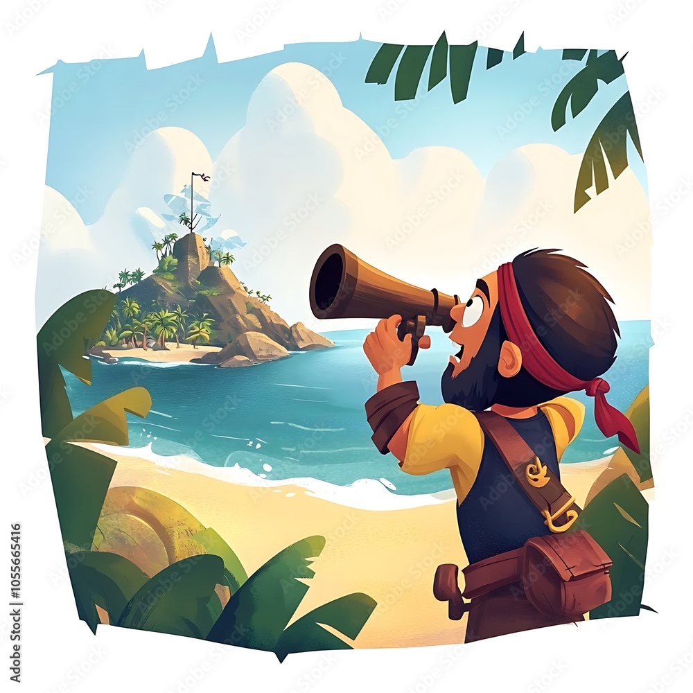 A cartoon pirate looking through a telescope, spotting an island in the ...