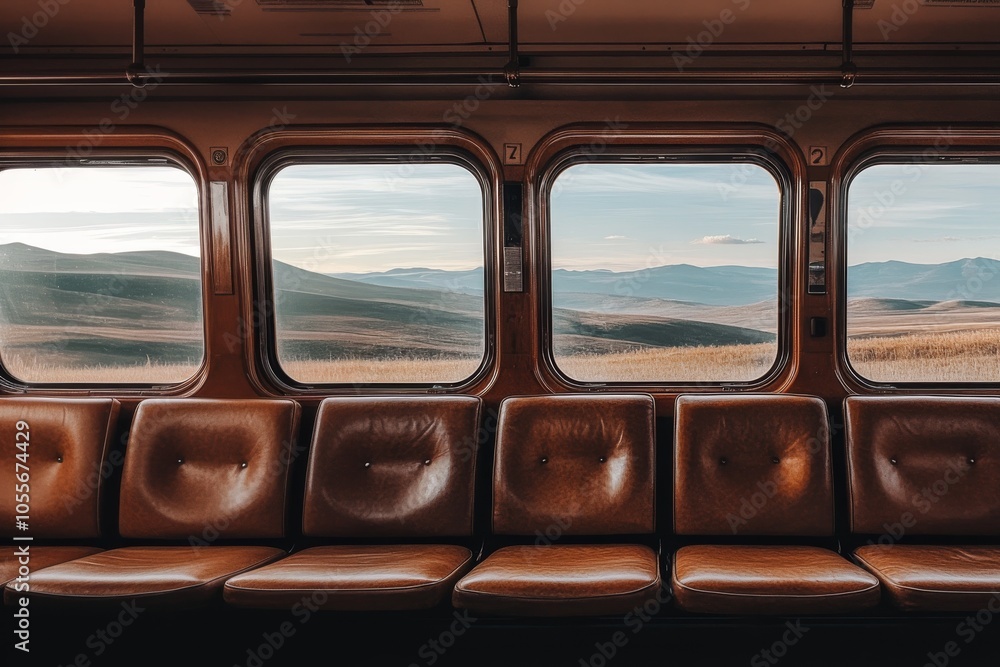 Interior of a train car with empty leather seats and seven windows ...