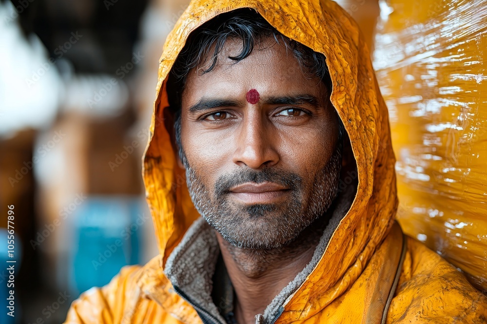 Portrait of a man in a yellow raincoat with red tilak mark, capturing ...