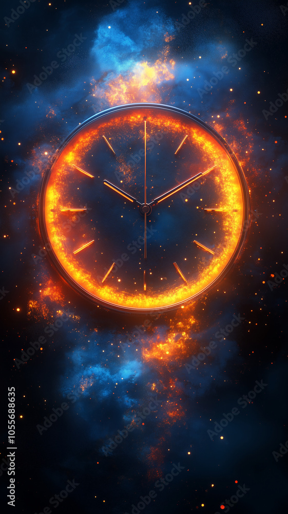 A minimalist clock with a vertical countdown set against a cosmic ...
