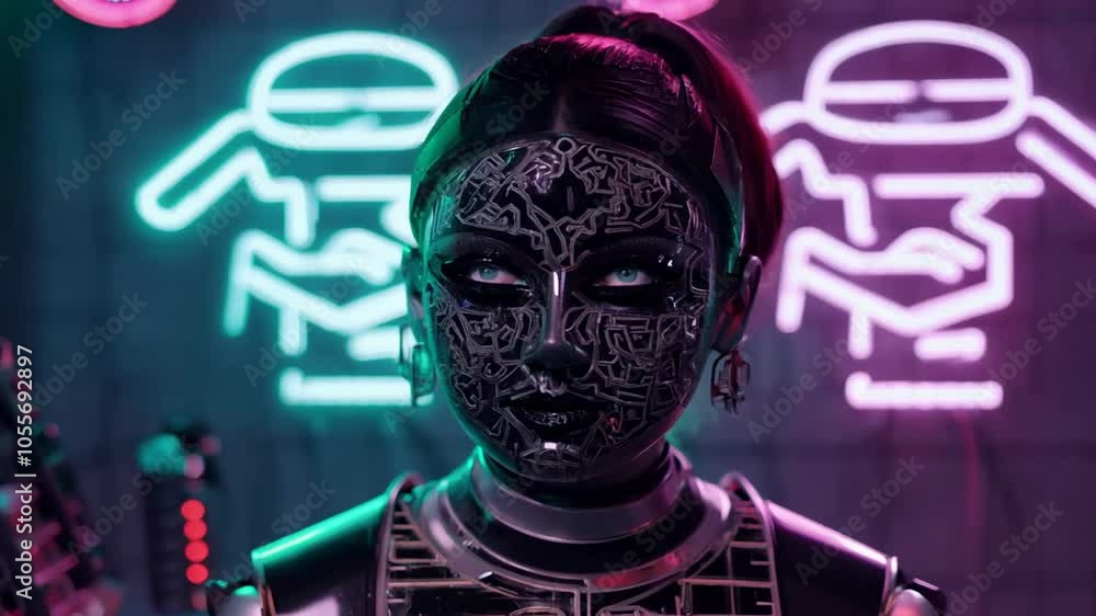 female portrait robot paint studio hieroglyphs neon standing shapes ...