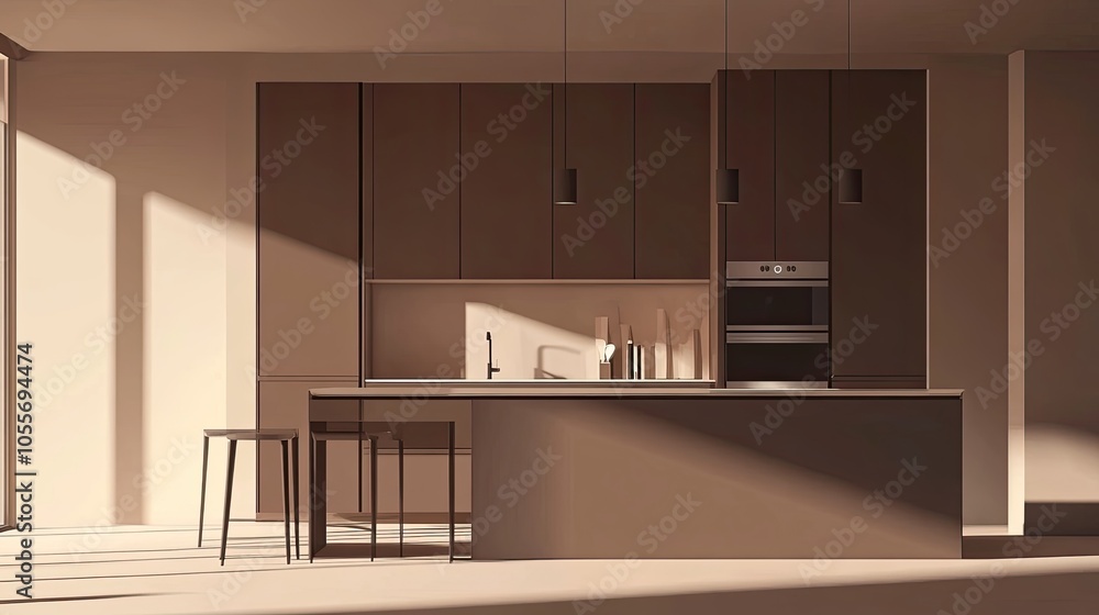 Minimalistic modern brown panel kitchen interior with built-in kitchen ...