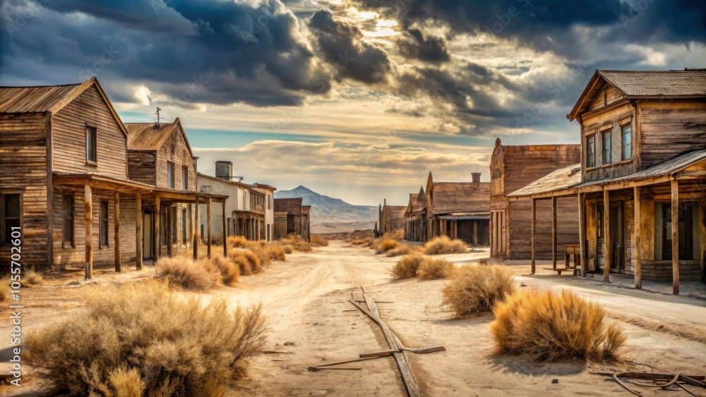 Western old ghost town with abandoned buildings, dusty streets, and ...