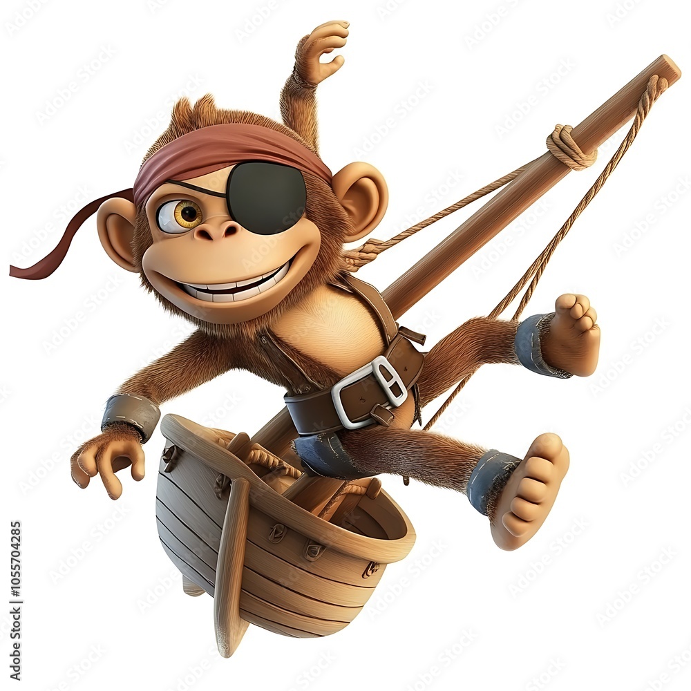A cartoon pirate monkey wearing an eyepatch, swinging from the ship's ...