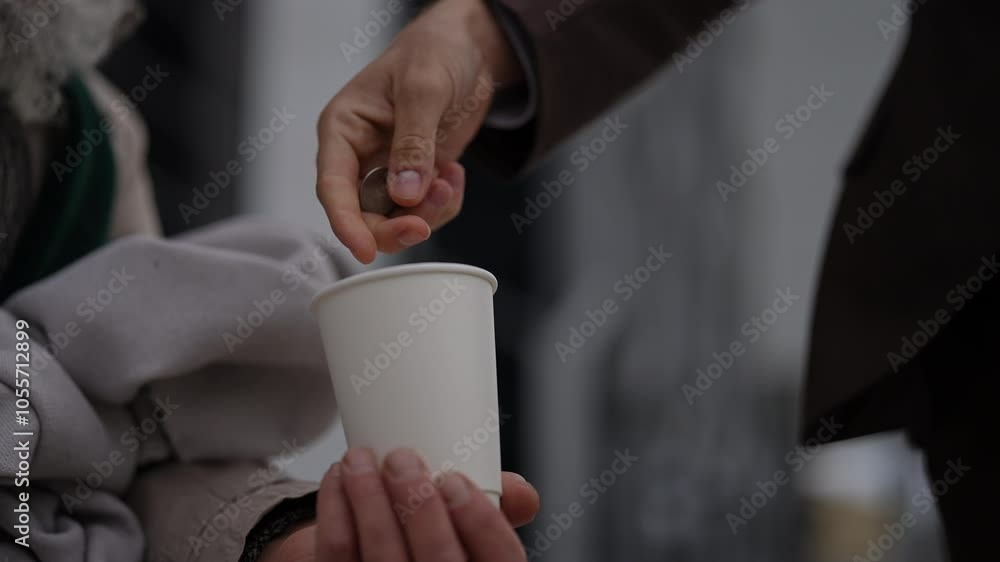 Contrast between wealth and poverty as businessman donating coins to ...