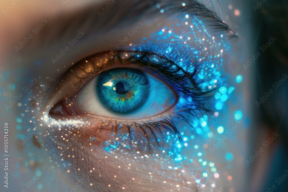 Blue eye with blue and gold glitter makeup, creating a sparkling and ...