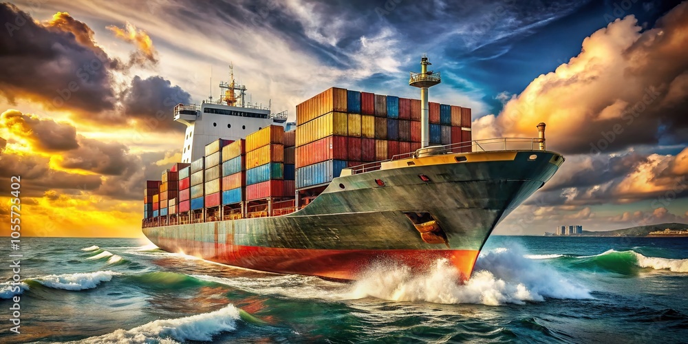 Antique Nautical Cargo Container Ship in Ocean - Maritime Transport ...