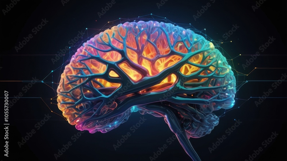 Colorful 3D visualization of human brain with neural connections and ...