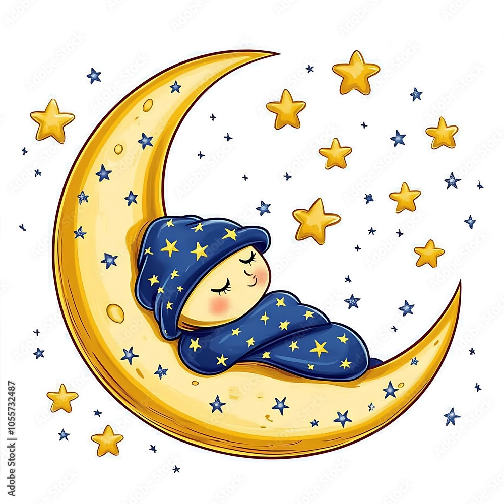 Cartoon crescent moon with stars and a sleeping cap on a white ...