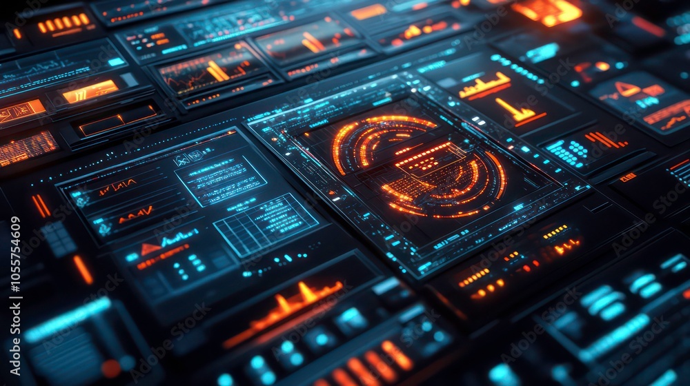 A futuristic interface displaying data analytics and visualizations in a digital environment ...