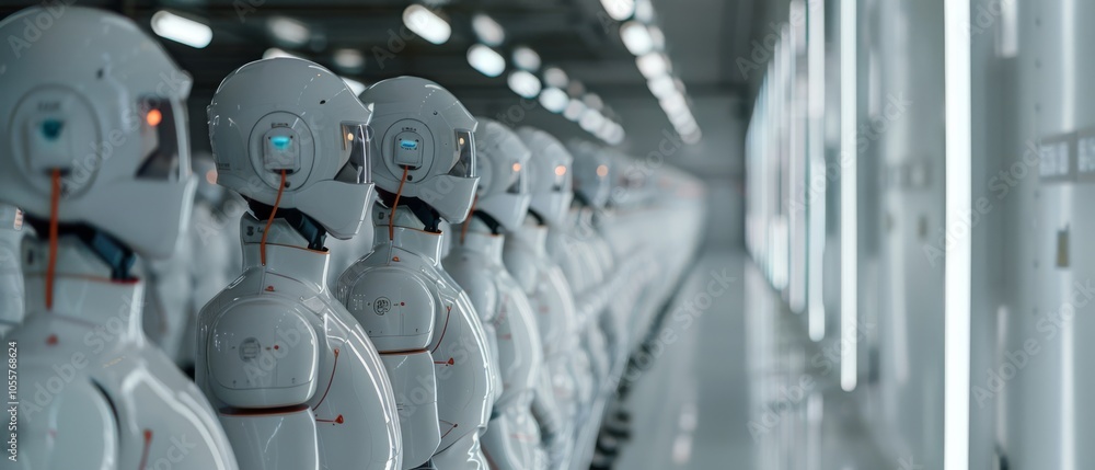 A row of identical robots stands in a futuristic setting, deep in a ...