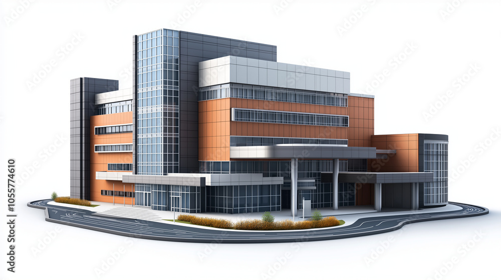 Modern Multi-Story Hospital Complex with Glass and Brick Elements ...
