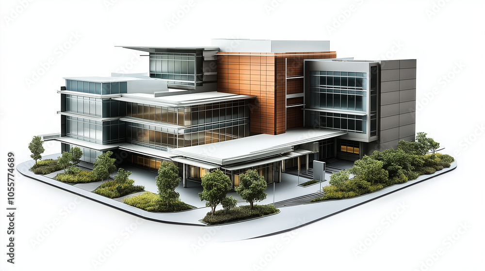 Modern Multi-Story Hospital Complex with Glass and Brick Elements ...