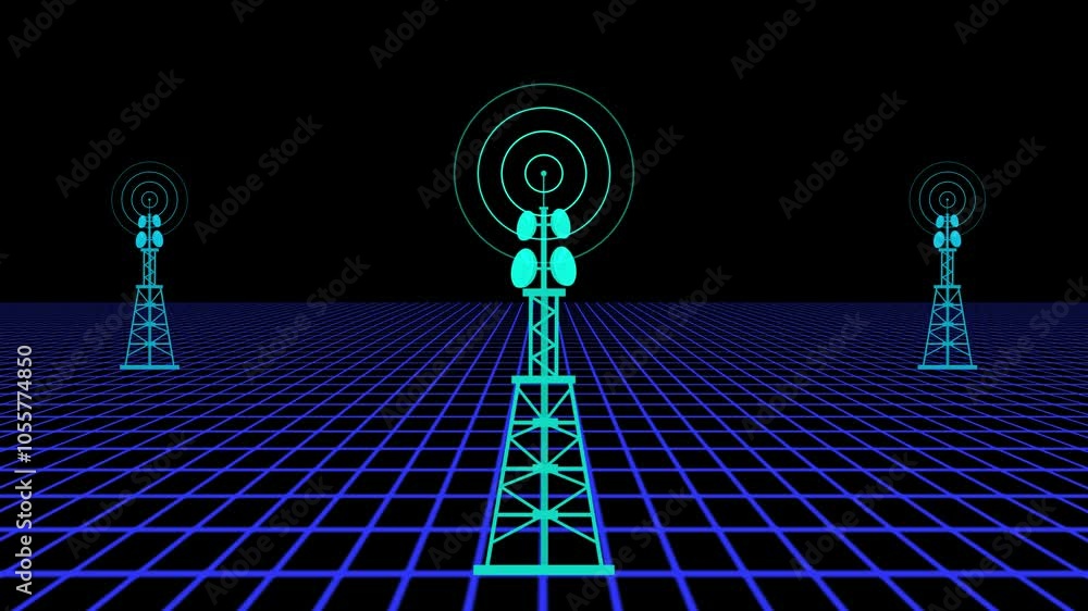 radio tower network connecting animation, Digital radio wave station ...