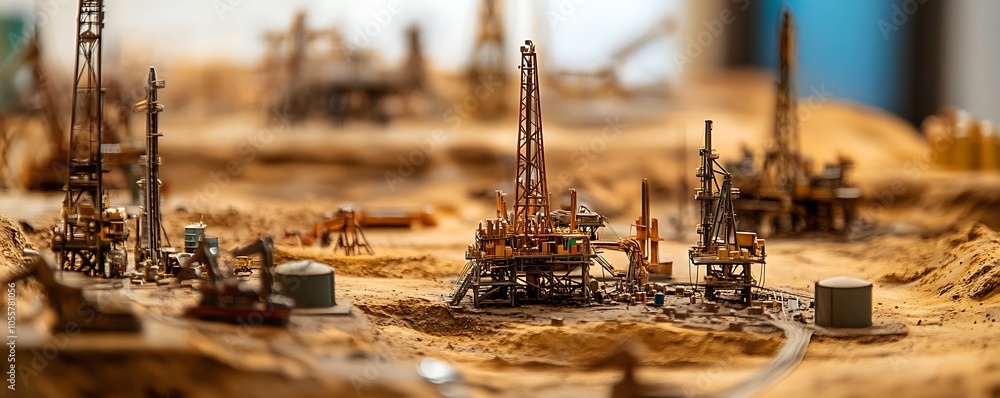 A detailed miniature model of an oil drilling site with various ...