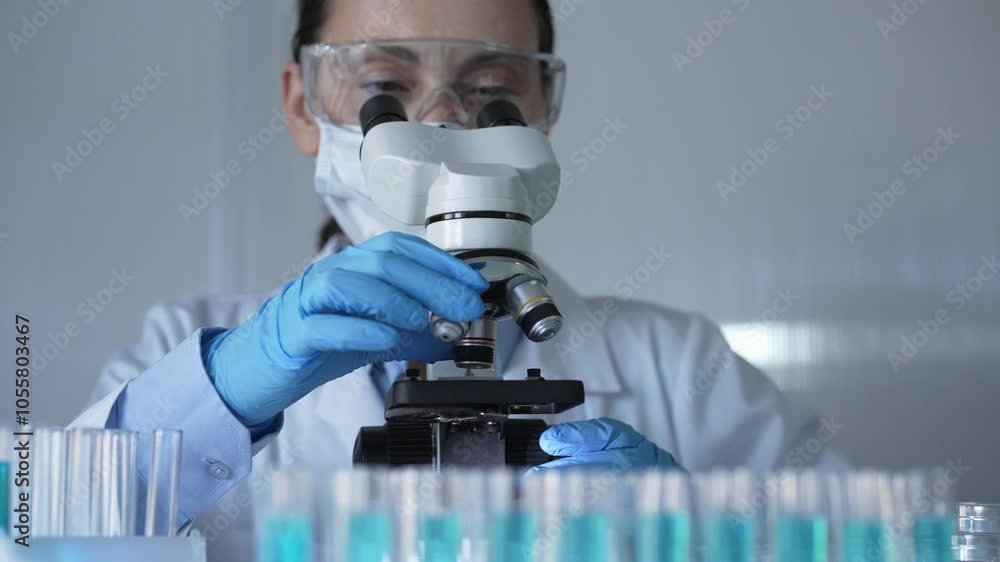 Scientist woman, wearing a lab coat, mask, blue gloves and safety ...