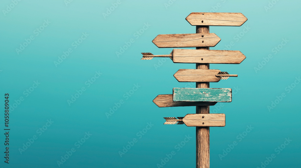 Wooden directional signpost with six arrow-shaped signs against a clear ...