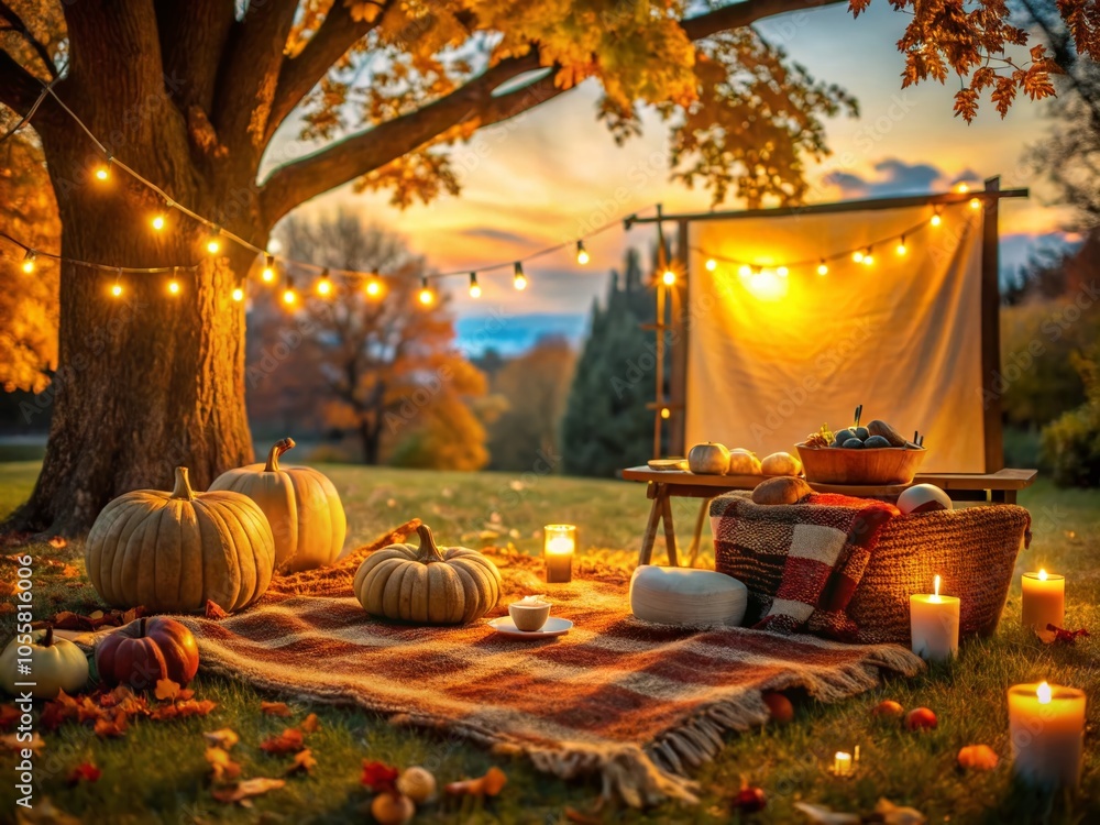 Fall Outdoor Movie Night Setup with Cozy Decor, Warm Lighting, and ...