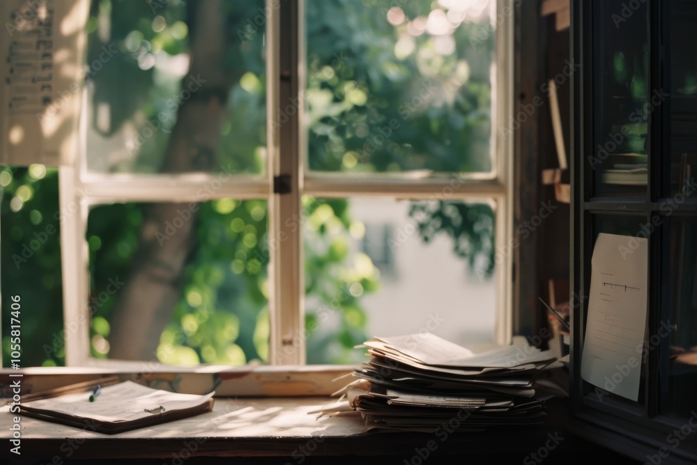 Sunlight streams through a leafy window onto a cluttered desk, casting ...