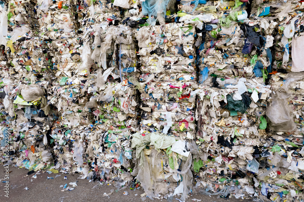 Bales of plastic at the waste treatment plant. separate waste ...