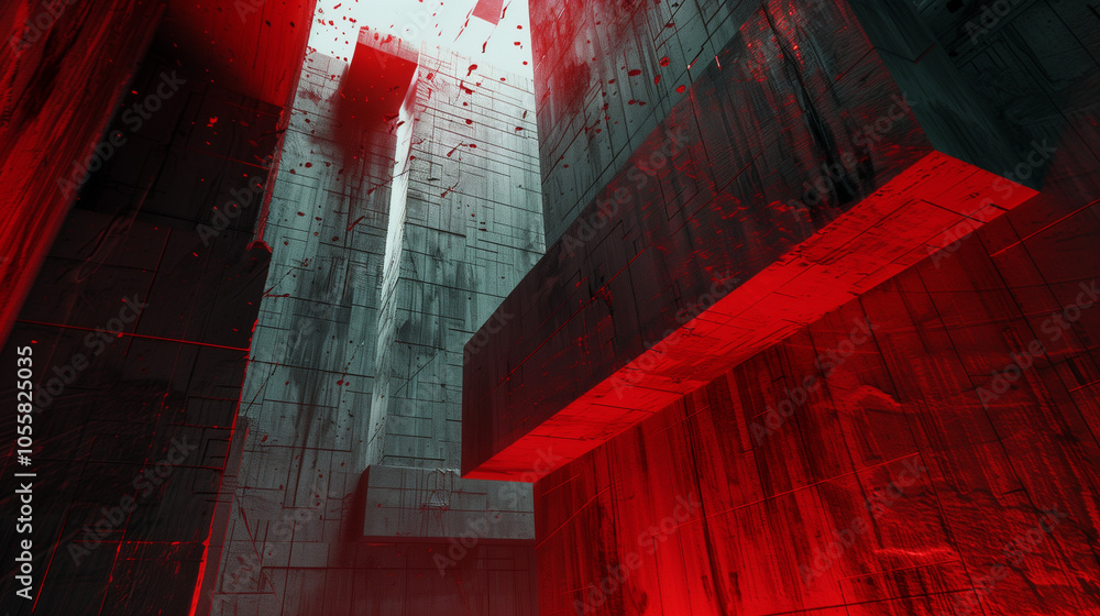 Dark abstract architecture with red lighting, large floating concrete ...