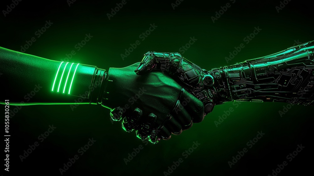 Futuristic robotic handshake between two cybernetic hands with neon ...