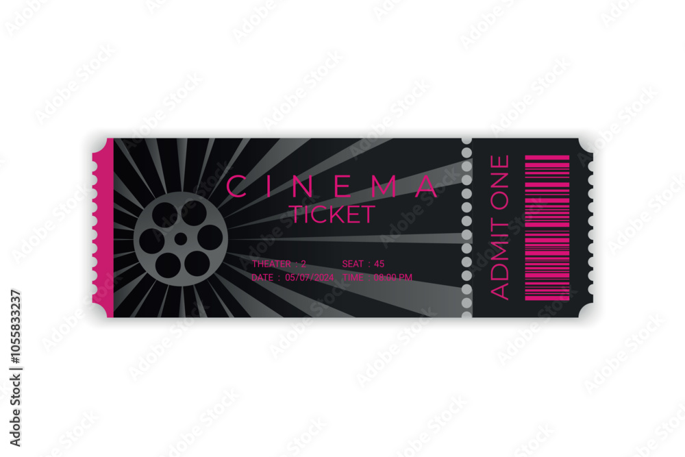 Cinema ticket with barcode in realistic style. Design with film reel ...