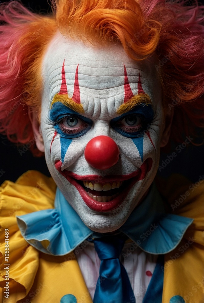 Close up portrait of a scary smiling clown with colorful face paint ...