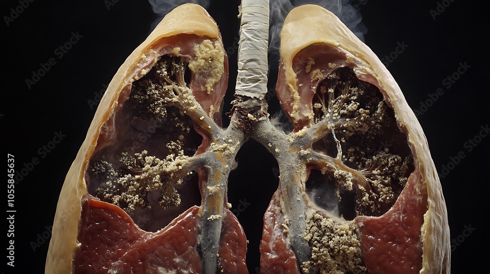 A cutaway view of lungs showing the tar buildup inside caused by long ...
