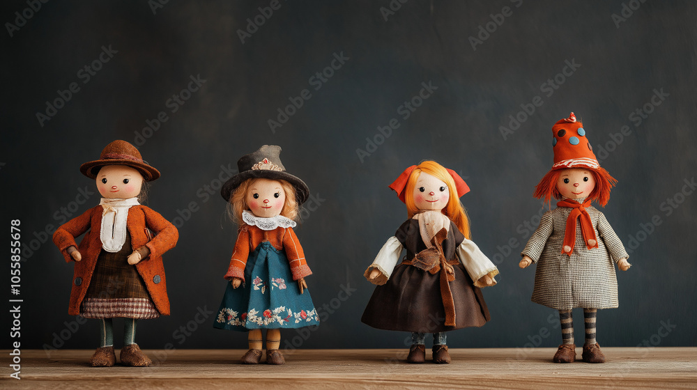 Four handmade dolls in vintage clothing stand in a row against a dark ...