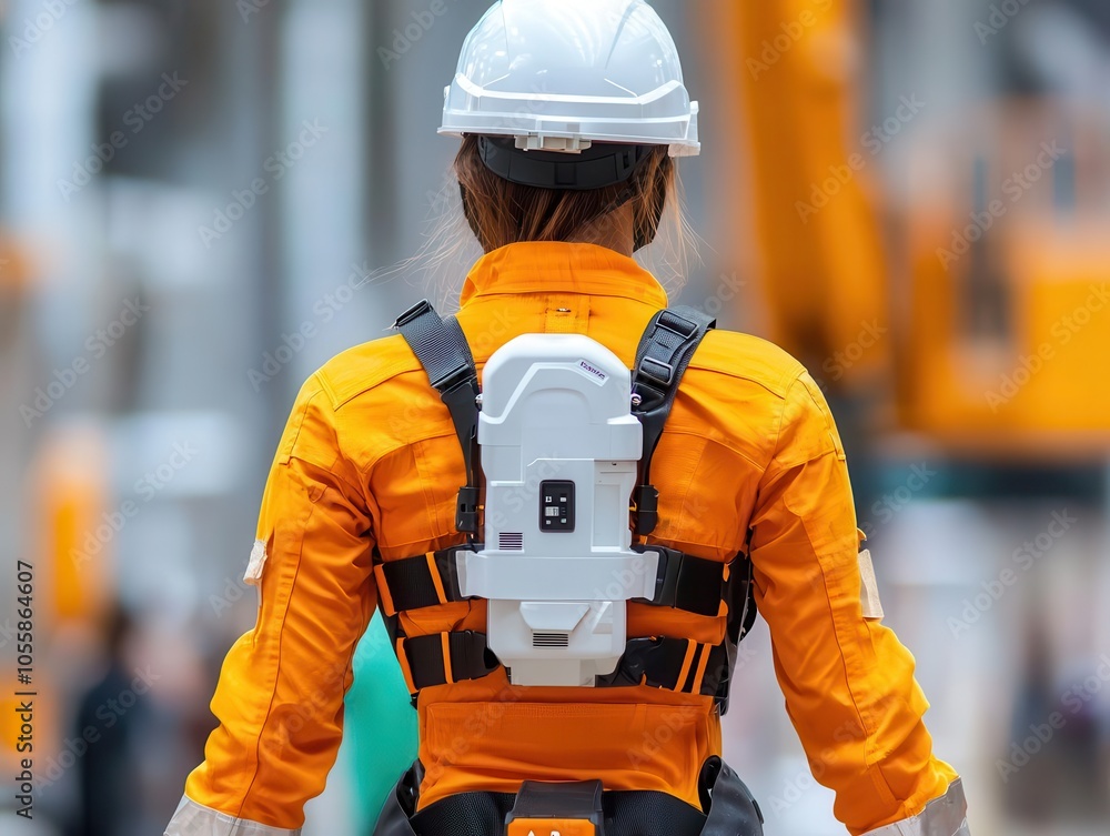 Lightweight exoskeleton with battery pack, worker on construction site ...