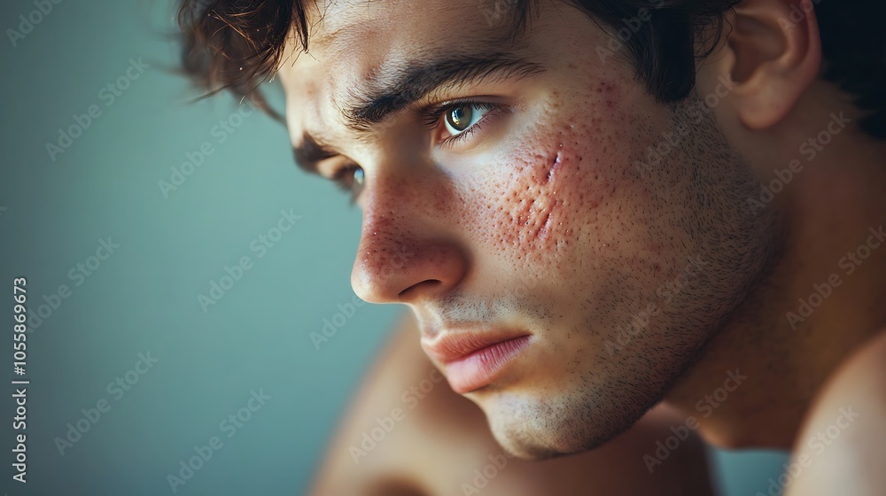 Man with visible acne scars on his face, sitting in a contemplative ...