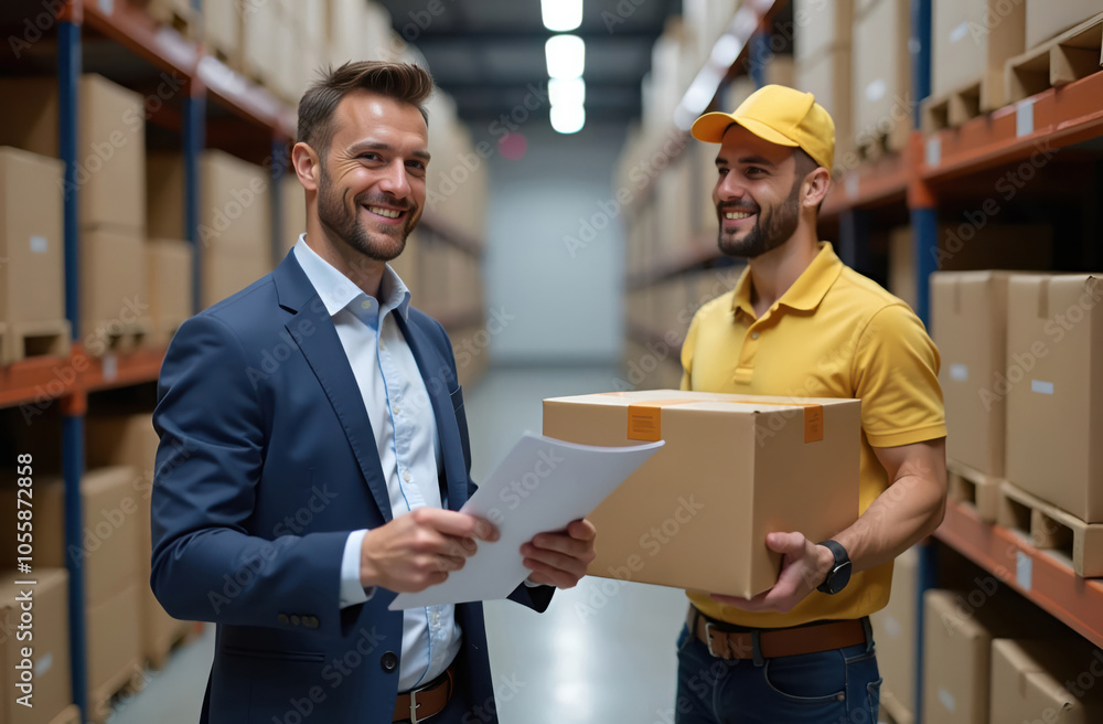The logistics warehouse manager and the businessman discuss accounting ...