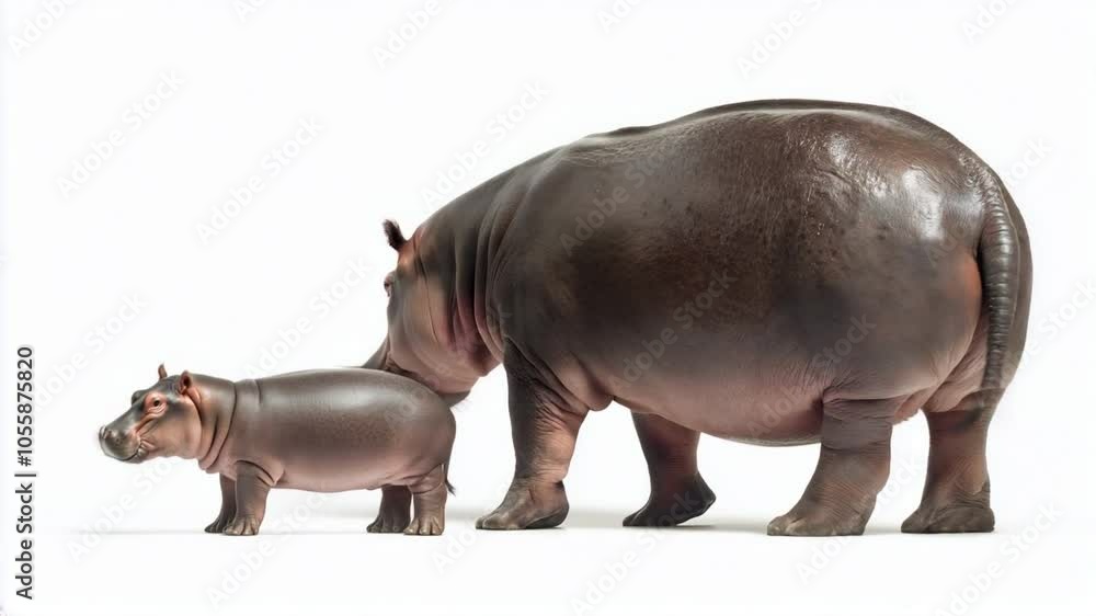 Hippo. Adult and Baby Hippopotamus Standing Side by Side on a White ...