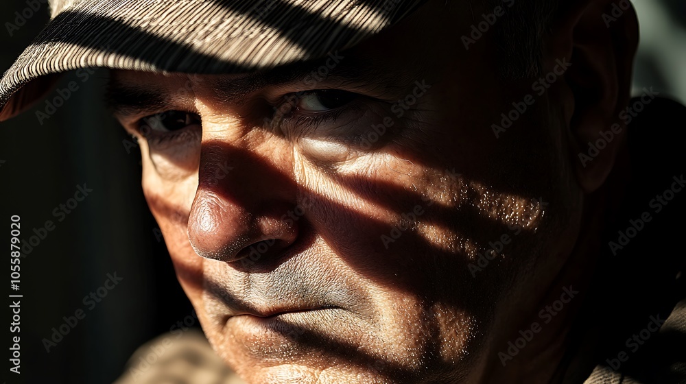 Man in a cap angled downwards, with sunlight hitting his face and ...