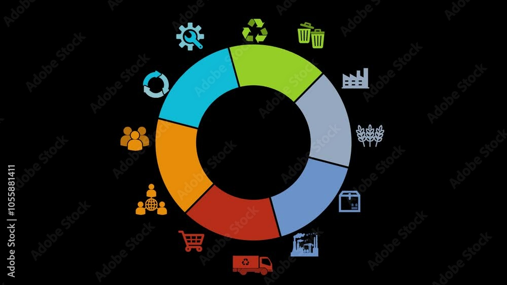 Circular economy phases rotation diagram with icons isolated on black ...