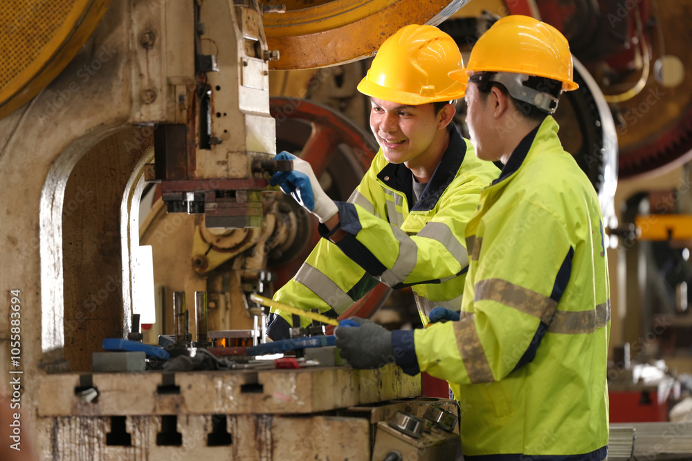 Civil engineer manager and foreman worker checking industry cooling air ...