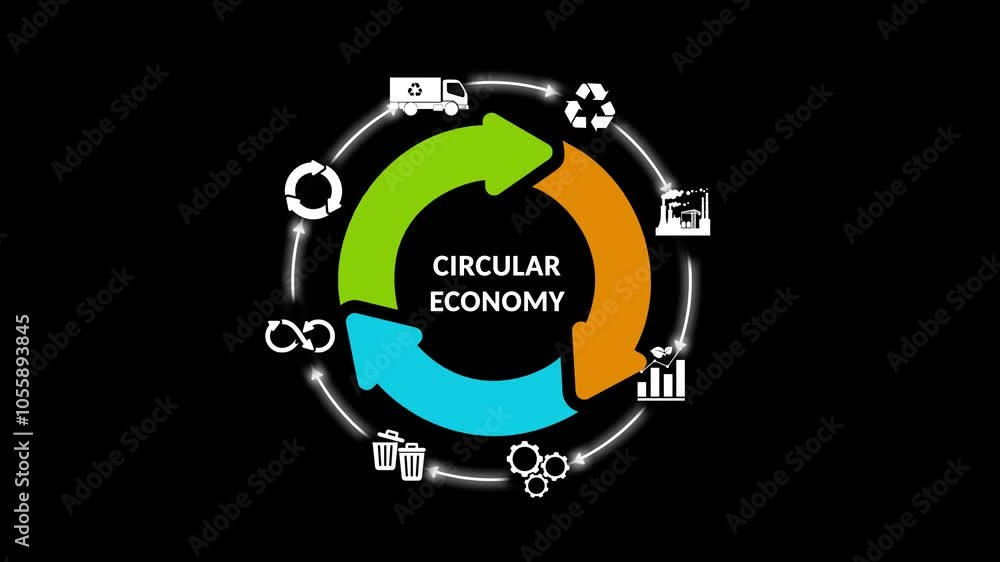 Circular economy phases rotation diagram with icons isolated on black ...